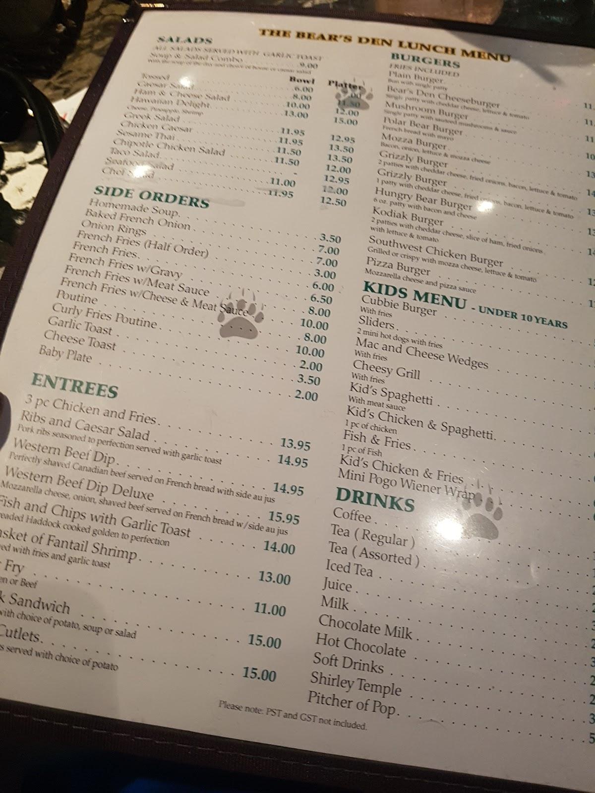 Menu at Bear's Den / Meadow Lanes restaurant, Meadow Lake
