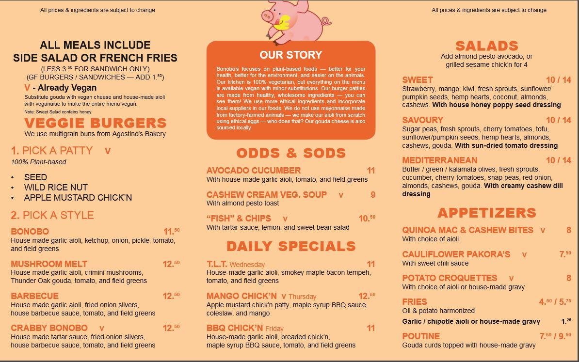 Menu at Bonobo's Foods restaurant, Thunder Bay