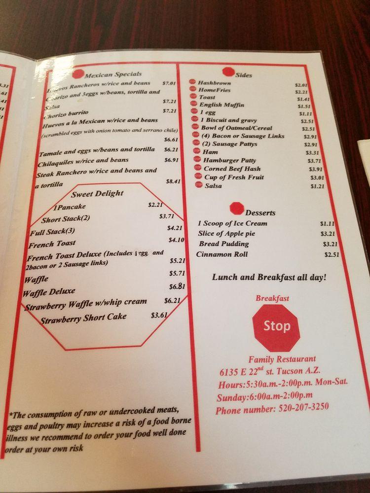 Menu at Breakfast Stop Family Restaurant, Tucson, E 22nd St