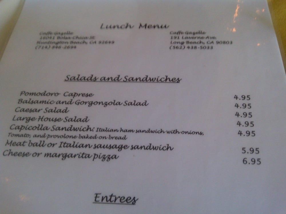 Menu at Caffe Gazelle restaurant, Huntington Beach