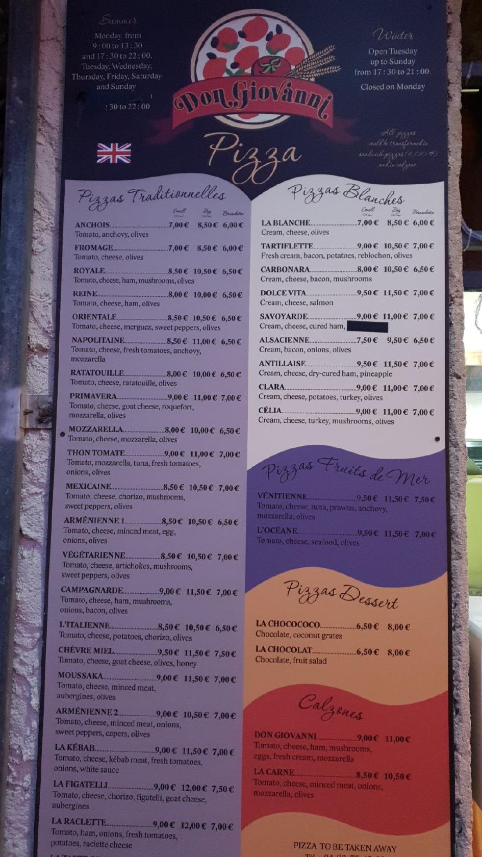 Menu at Chez Don Giovanni pizzeria, Forcalquier