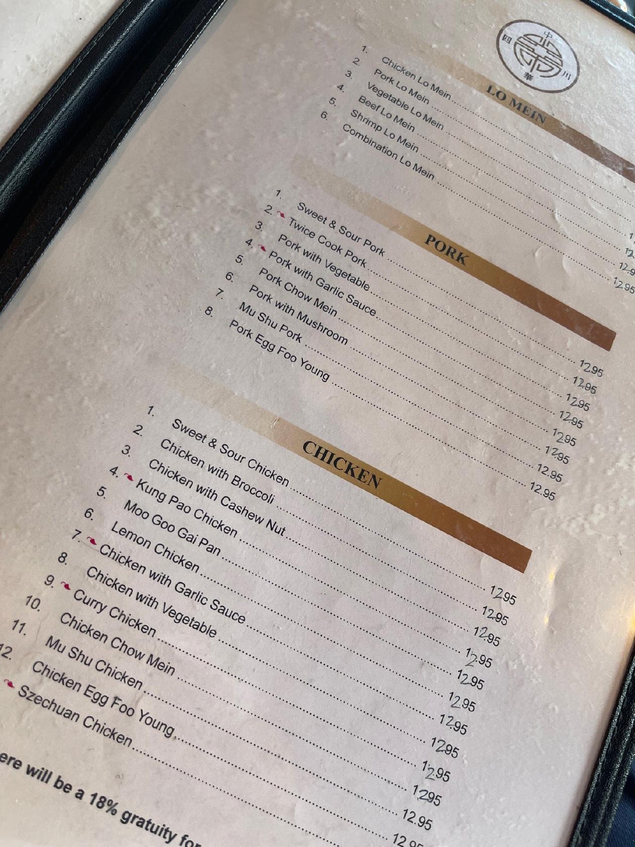 Menu at China Szechuan restaurant, Frisco