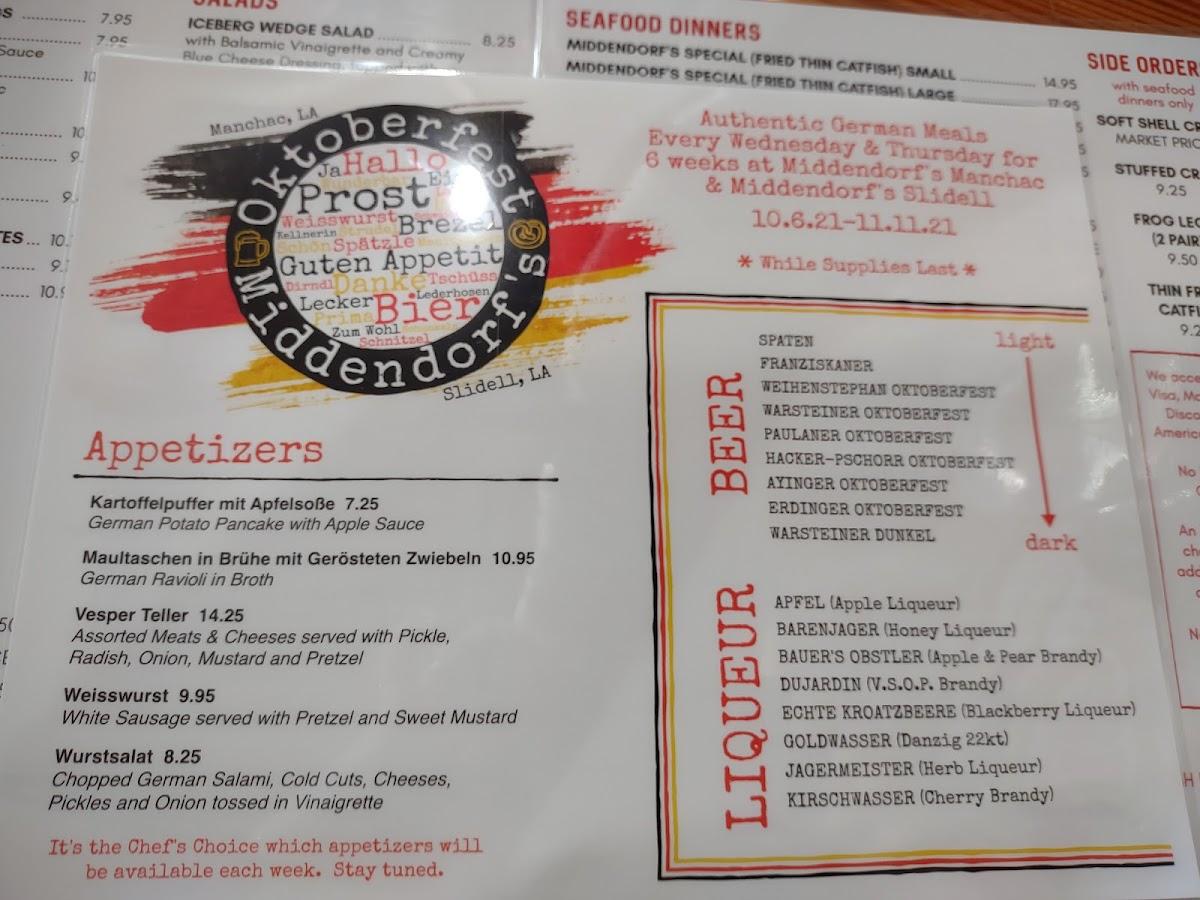 Menu at Middendorf's Slidell restaurant, Slidell