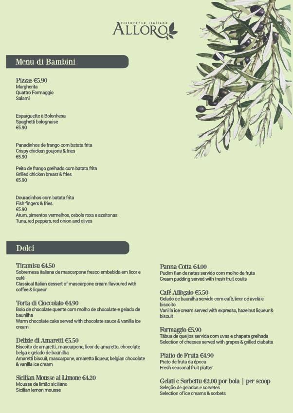 Menu at Restaurante ALLORO, Praia da Luz