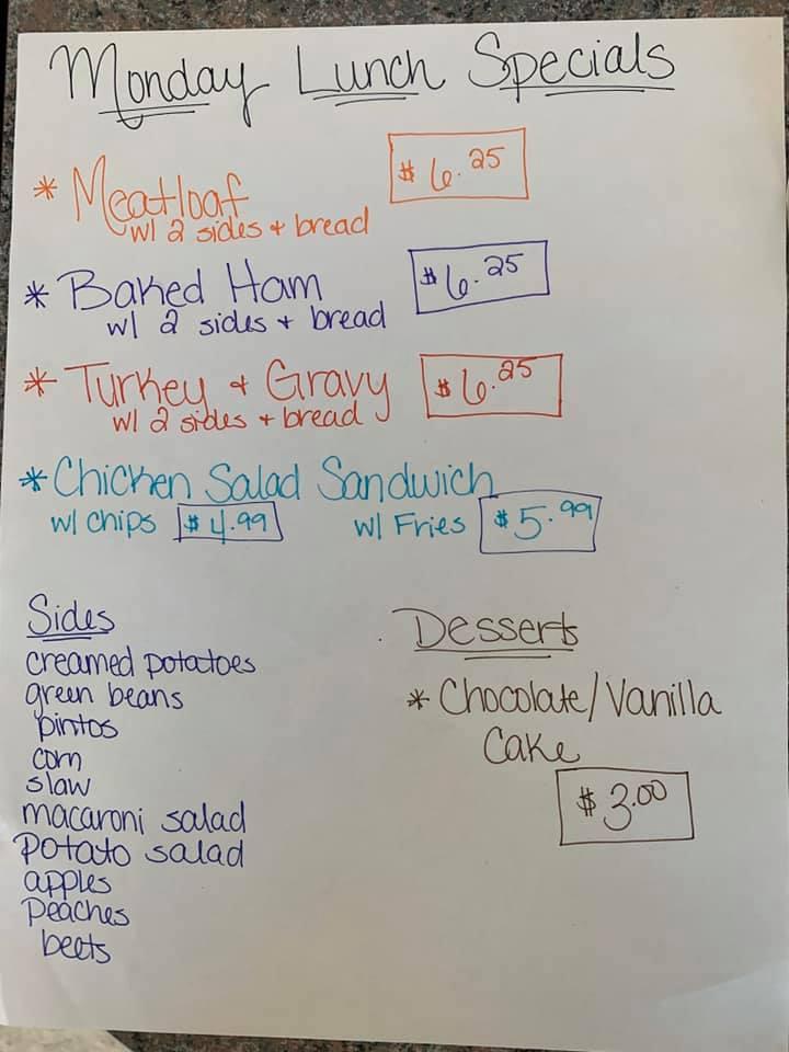 Menu at Sue's Restaurant, Dobson