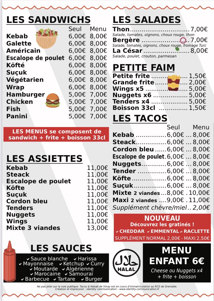 Menu au Tacos et Kebab de Vinay restaurant, Vinay