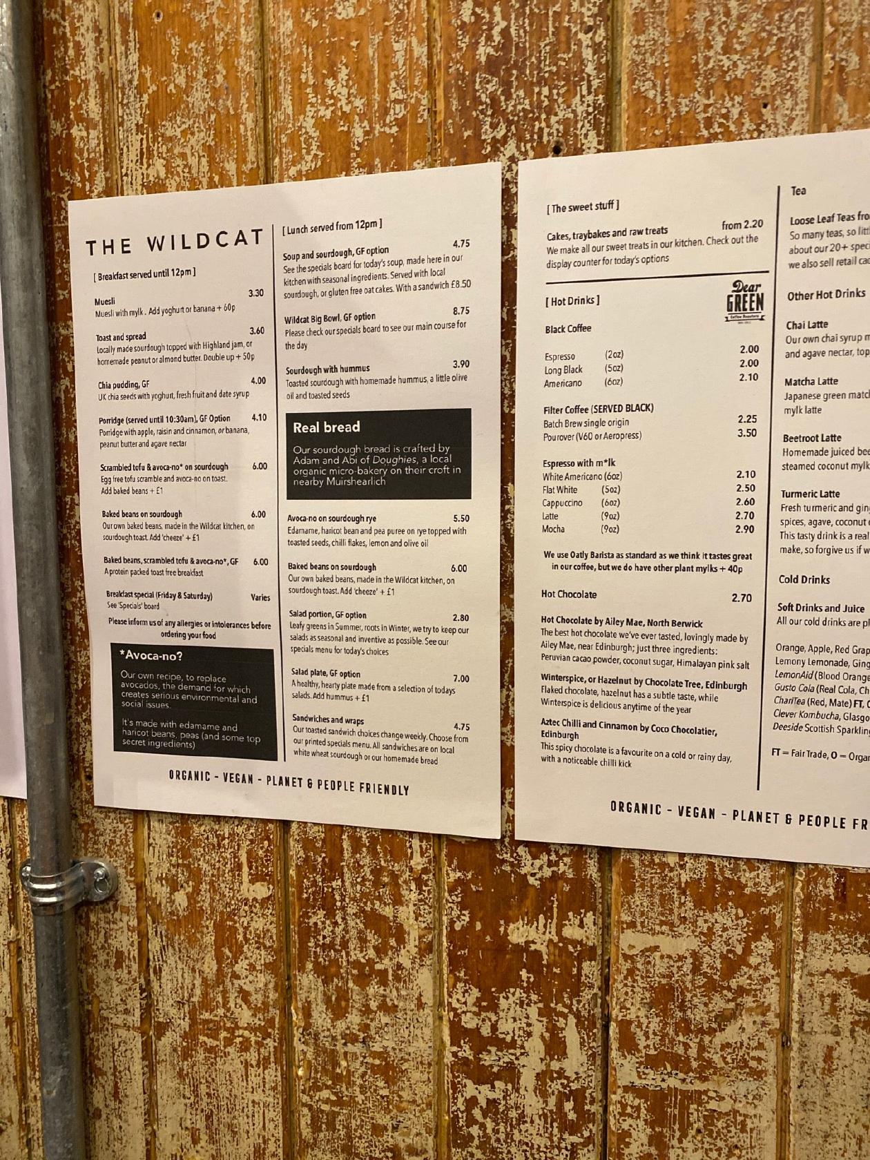 Menu at The Wildcat cafe, Fort William
