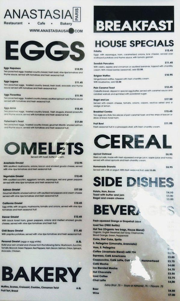 Menu at Anastasia Cafe, Laguna Beach