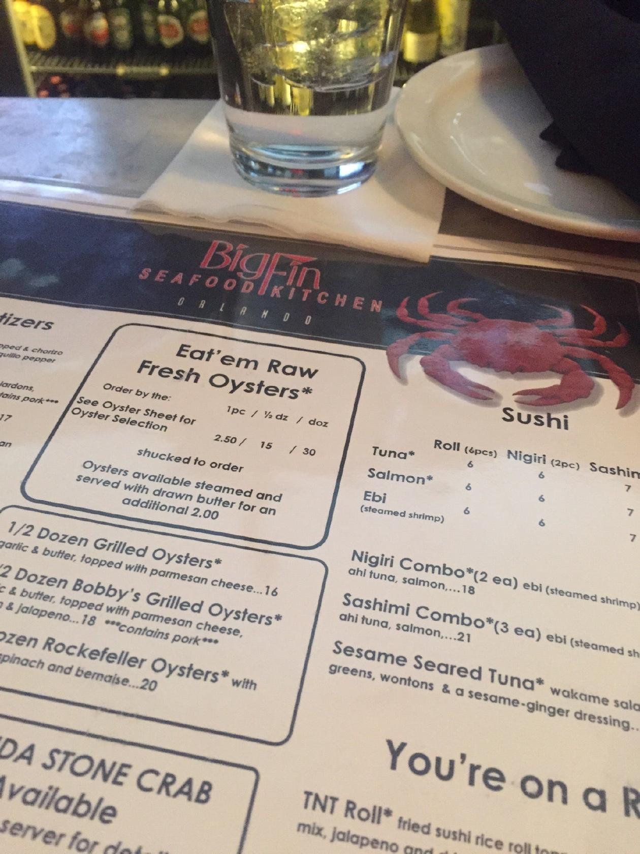 Menu at BigFin Seafood restaurant, Orlando