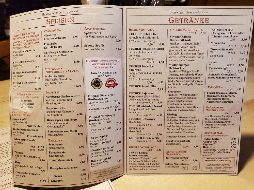 Menu au Bratwursthäusle bei St. Sebald restaurant, Nuremberg
