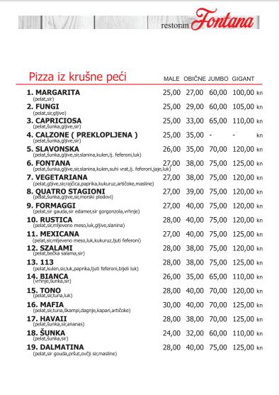 Menu at Fontana restaurant, Belišće