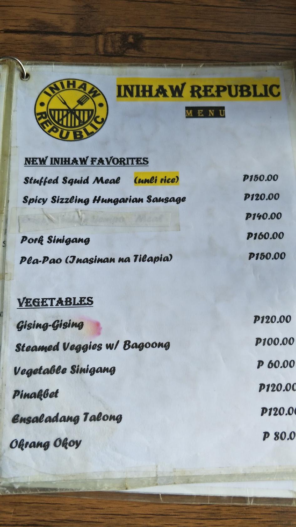 Menu at Inihaw Republic Baguio City, Baguio