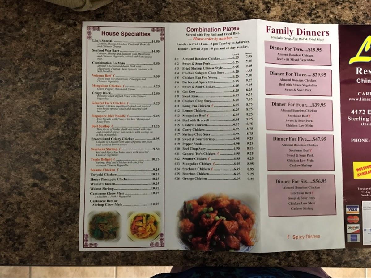Menu at Lims Chinese Restaurant, Sterling Heights