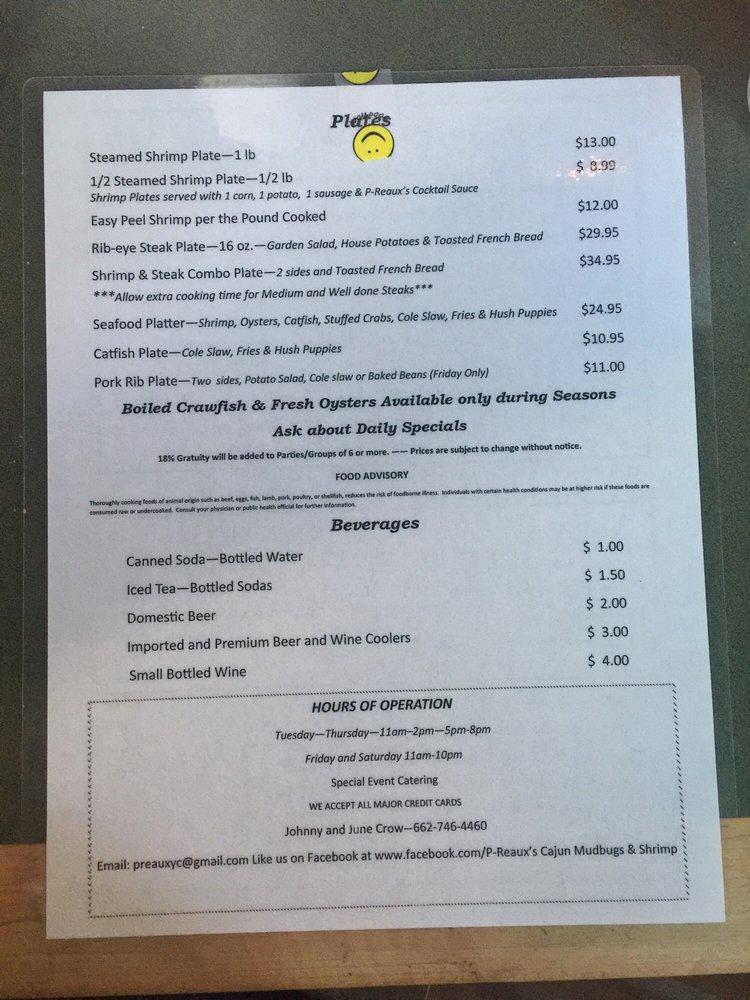 Menu at P-Reaux's Cajun Mudbugs restaurant, Yazoo City