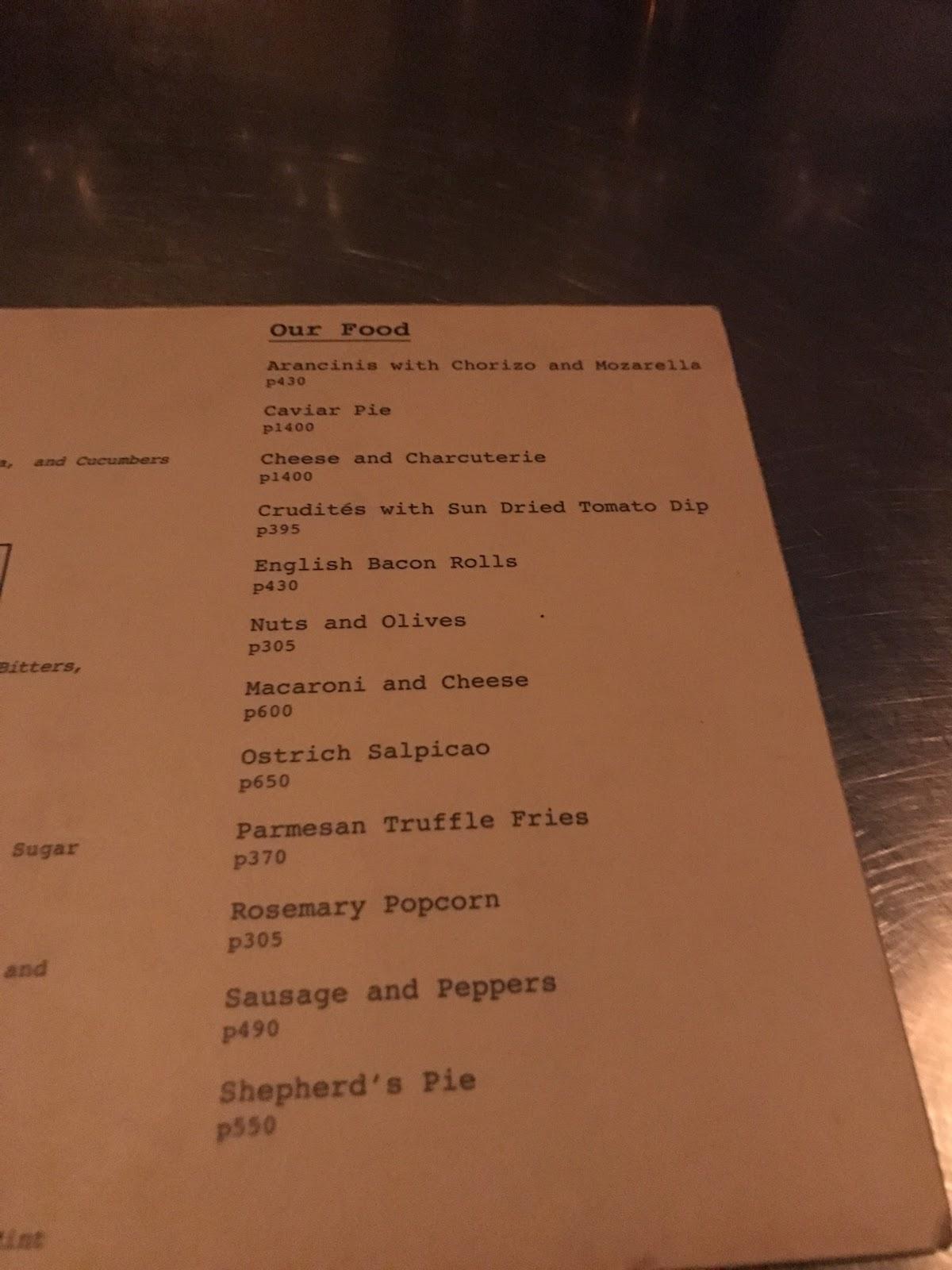 Menu at The Blind Pig pub & bar, Makati