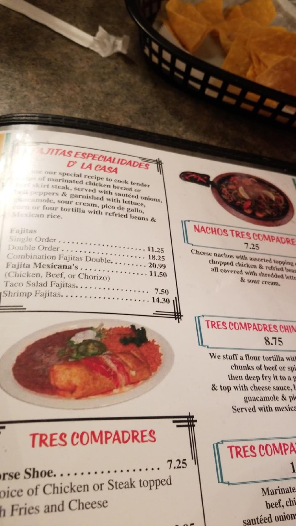 Menu at Tres Compadres restaurant, Pana