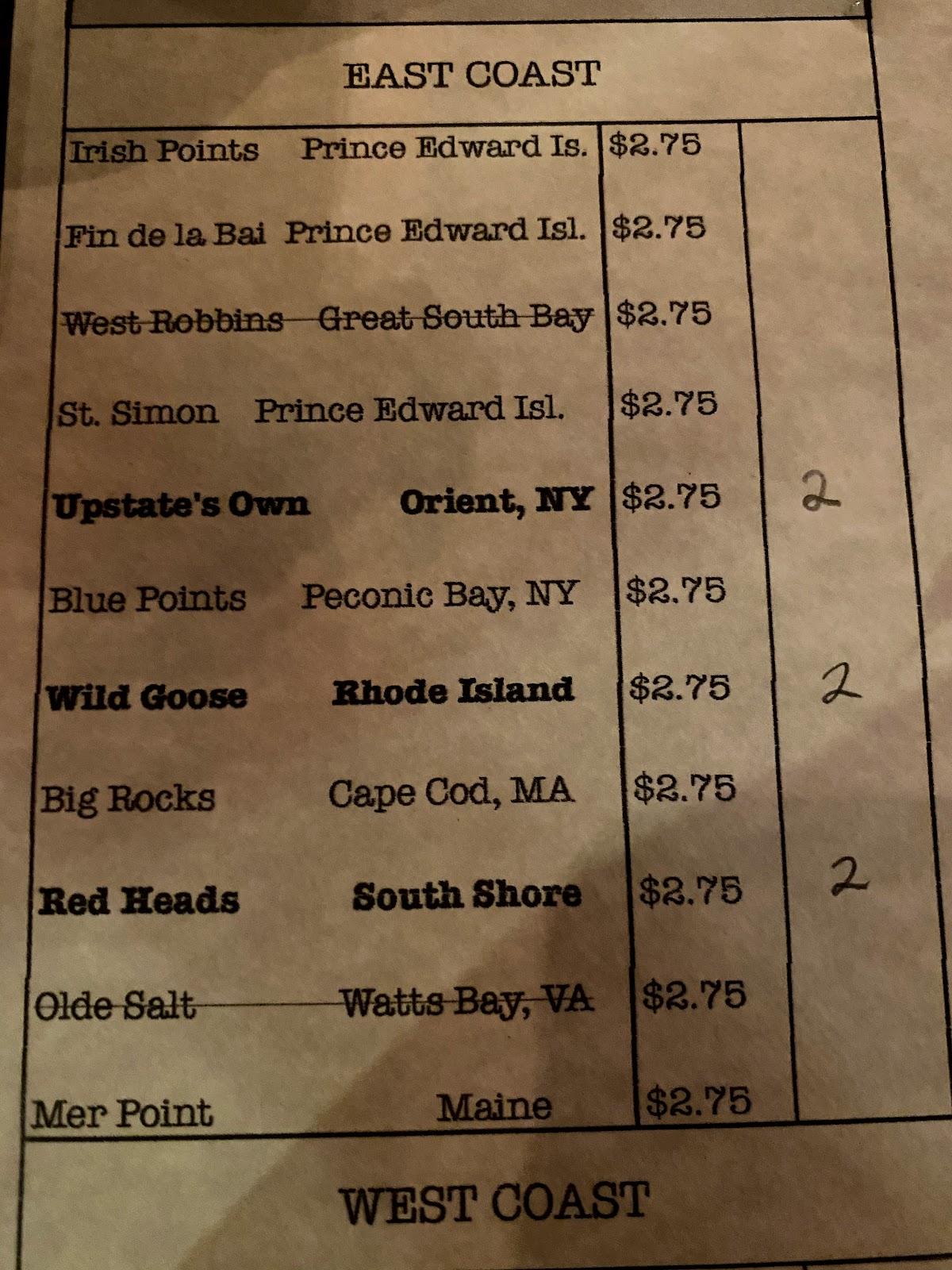 Menu at upstate craft beer & oyster bar, New York City