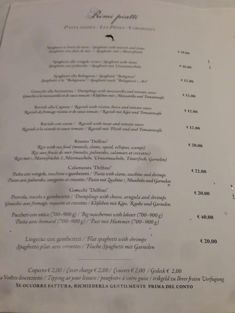 Menu at Bagni Delfino restaurant, Sorrento