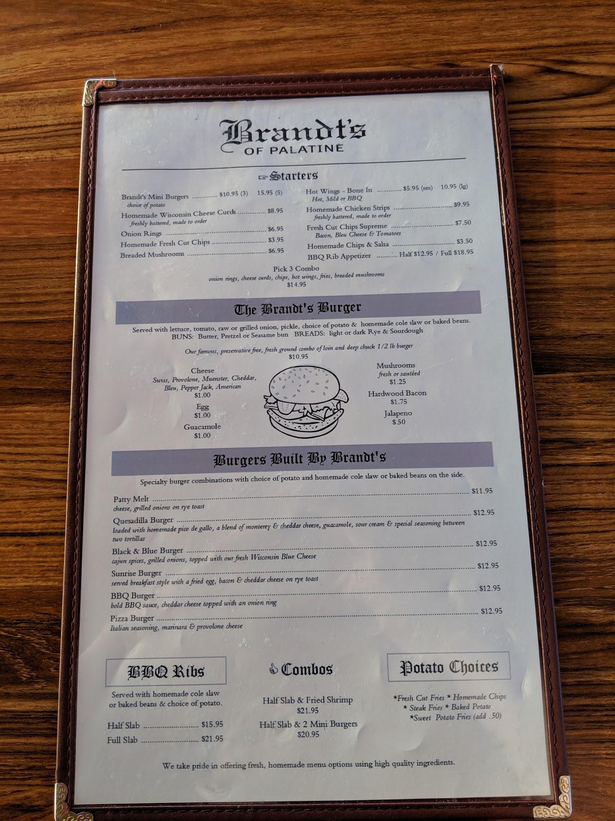 Menu at Brandt's of Palatine restaurant, Palatine