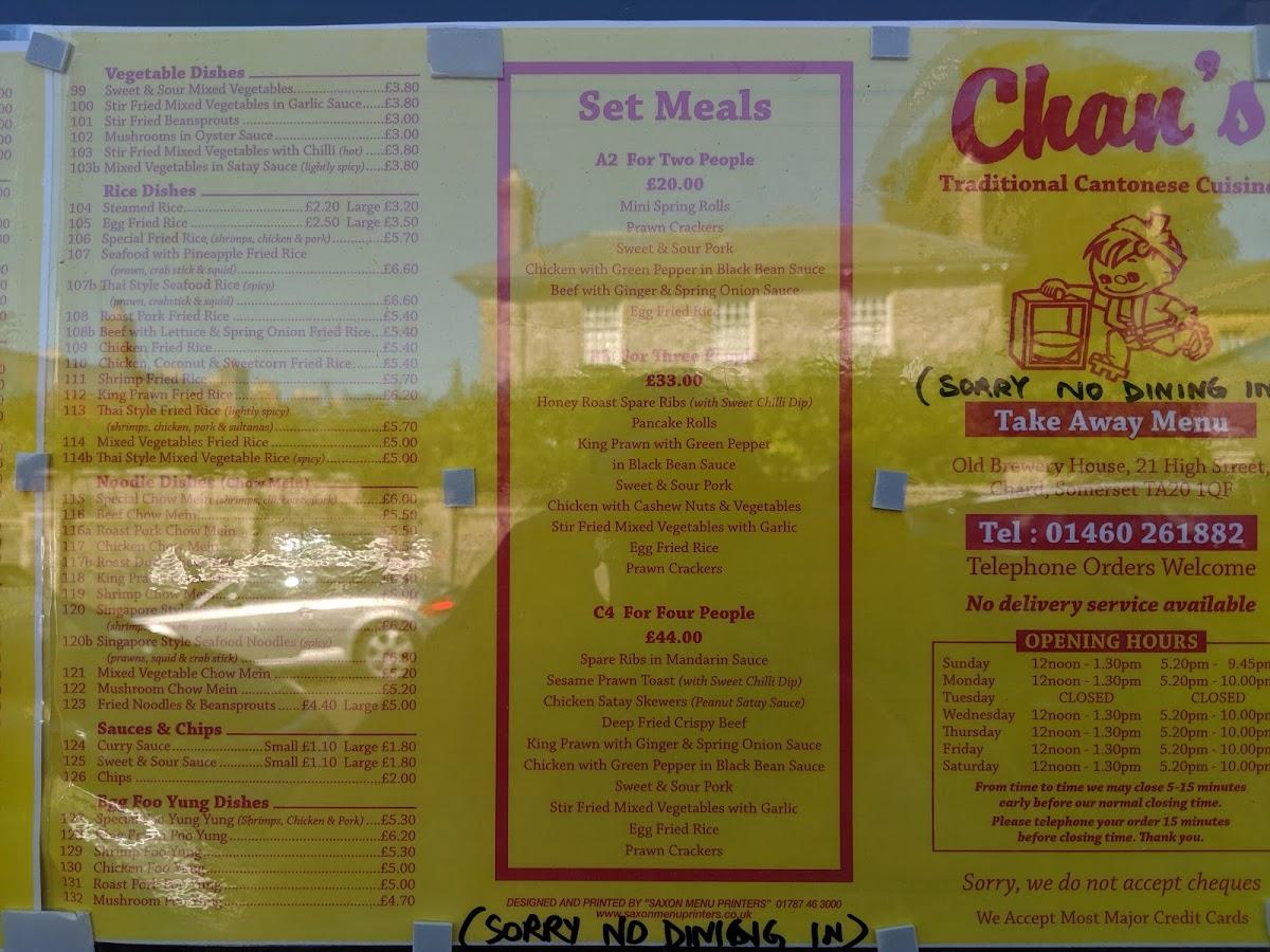 Menu at Chans fast food, Chard