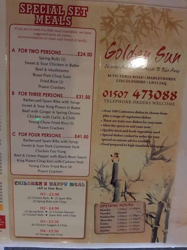 Menu at The Golden Sun pub & bar, Mablethorpe