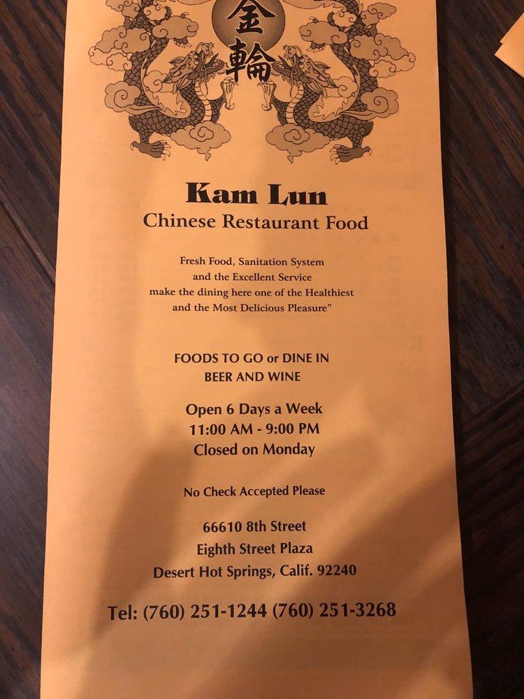 Menu at Kam Lun Chinese Restaurant, Desert Hot Springs, 8th St