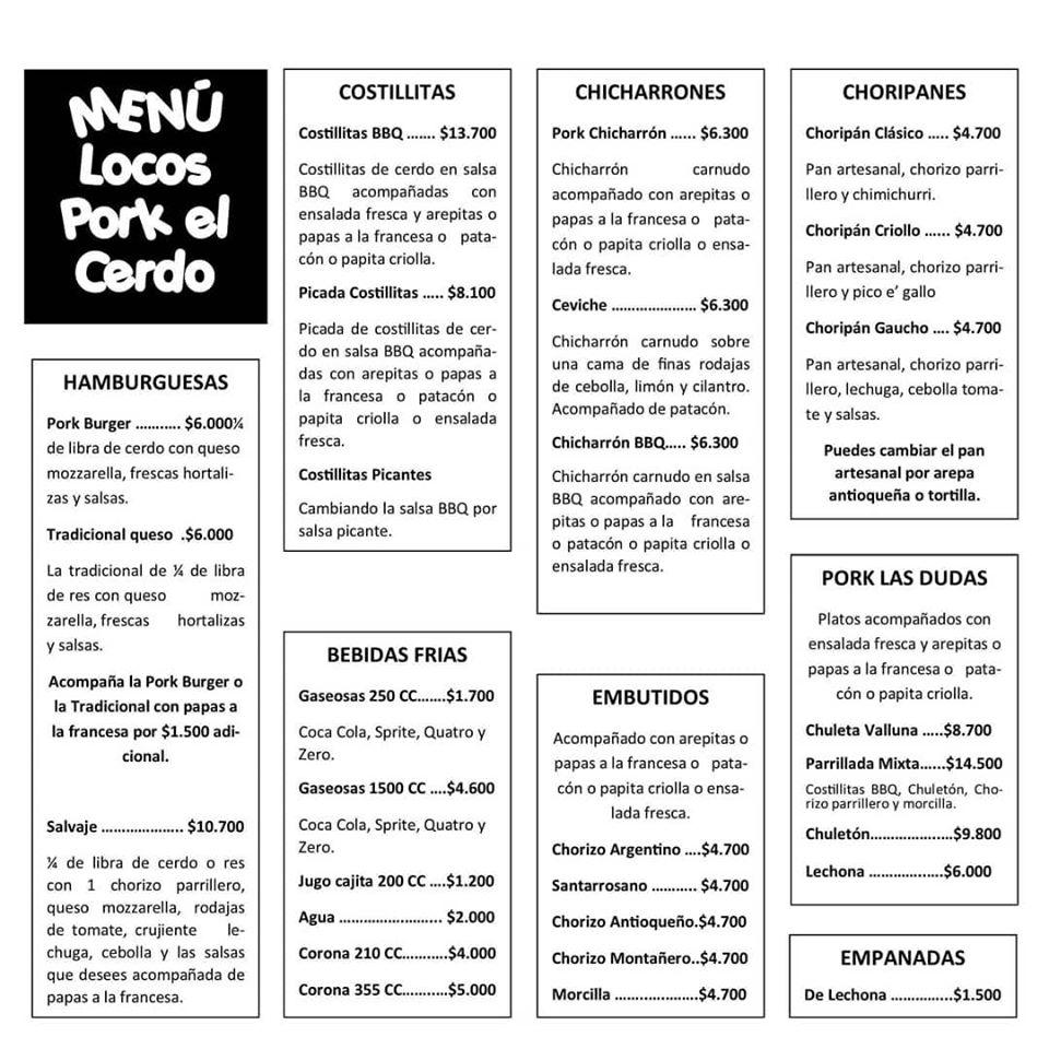 Menu at Locos Pork el Cerdo restaurant, Bogotá