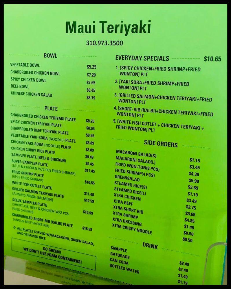 Menu at Maui Teriyaki restaurant, Redondo Beach, Marine Ave #103