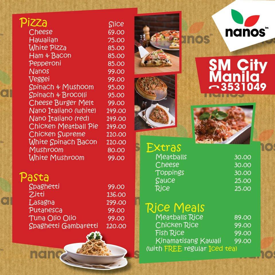 Menu at Nanos Pizza pizzeria, Manila