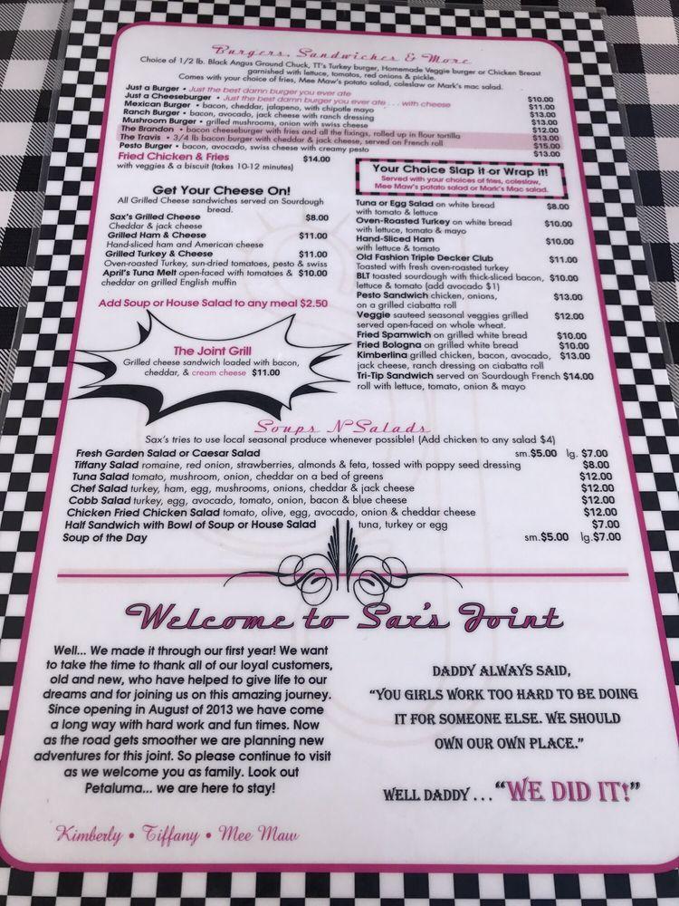 Menu at Sax's Joint restaurant, Petaluma