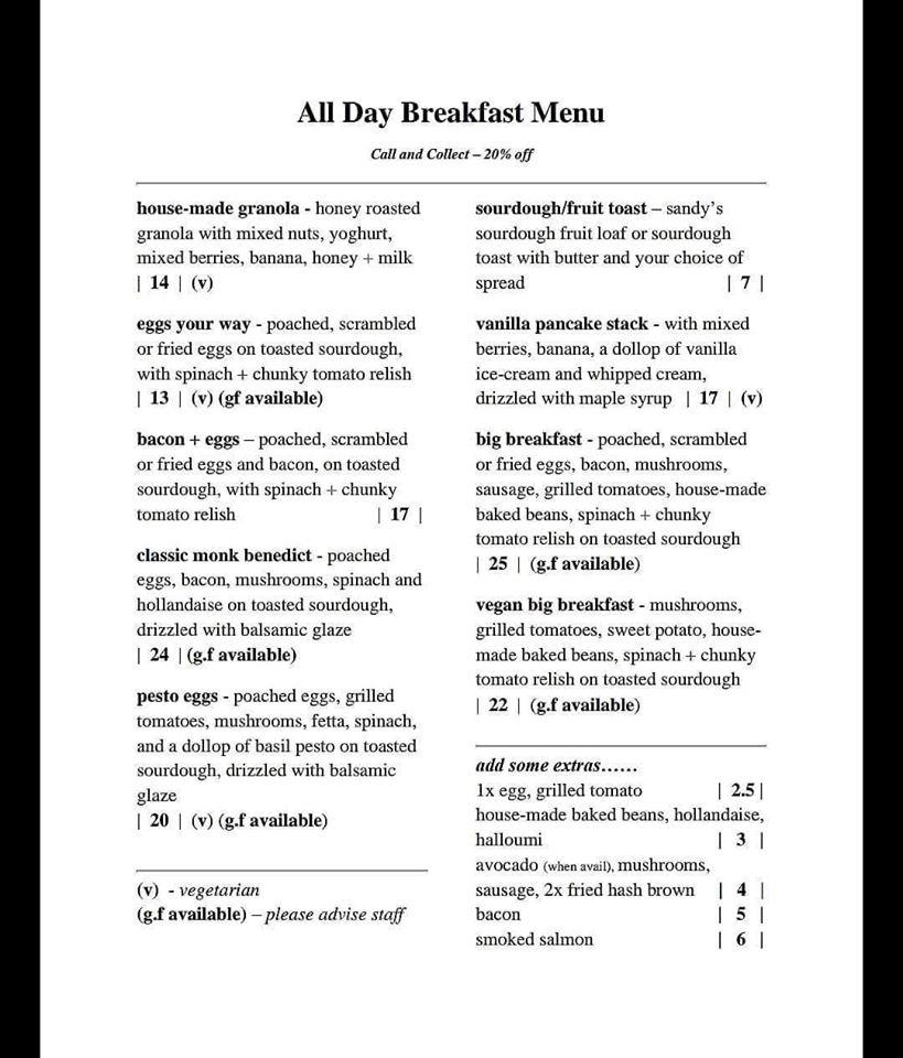 Menu at Seven Monks Cafe & Wares, Kings Meadows