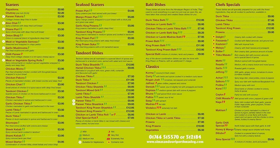 Menu at Sima Tandoori fast food, Porthmadog