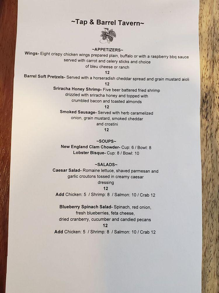 Carta de Tap & Barrel Tavern, Bar Harbor
