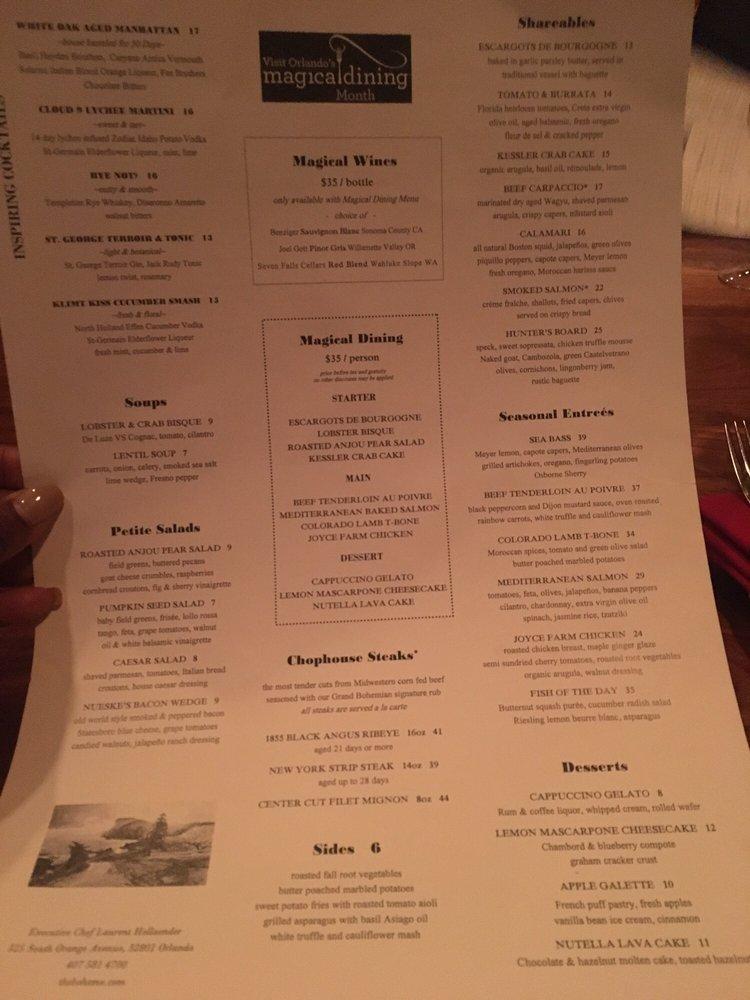 Menu at The Boheme pub & bar, Orlando, Grand Bohemian Hotel Orlando