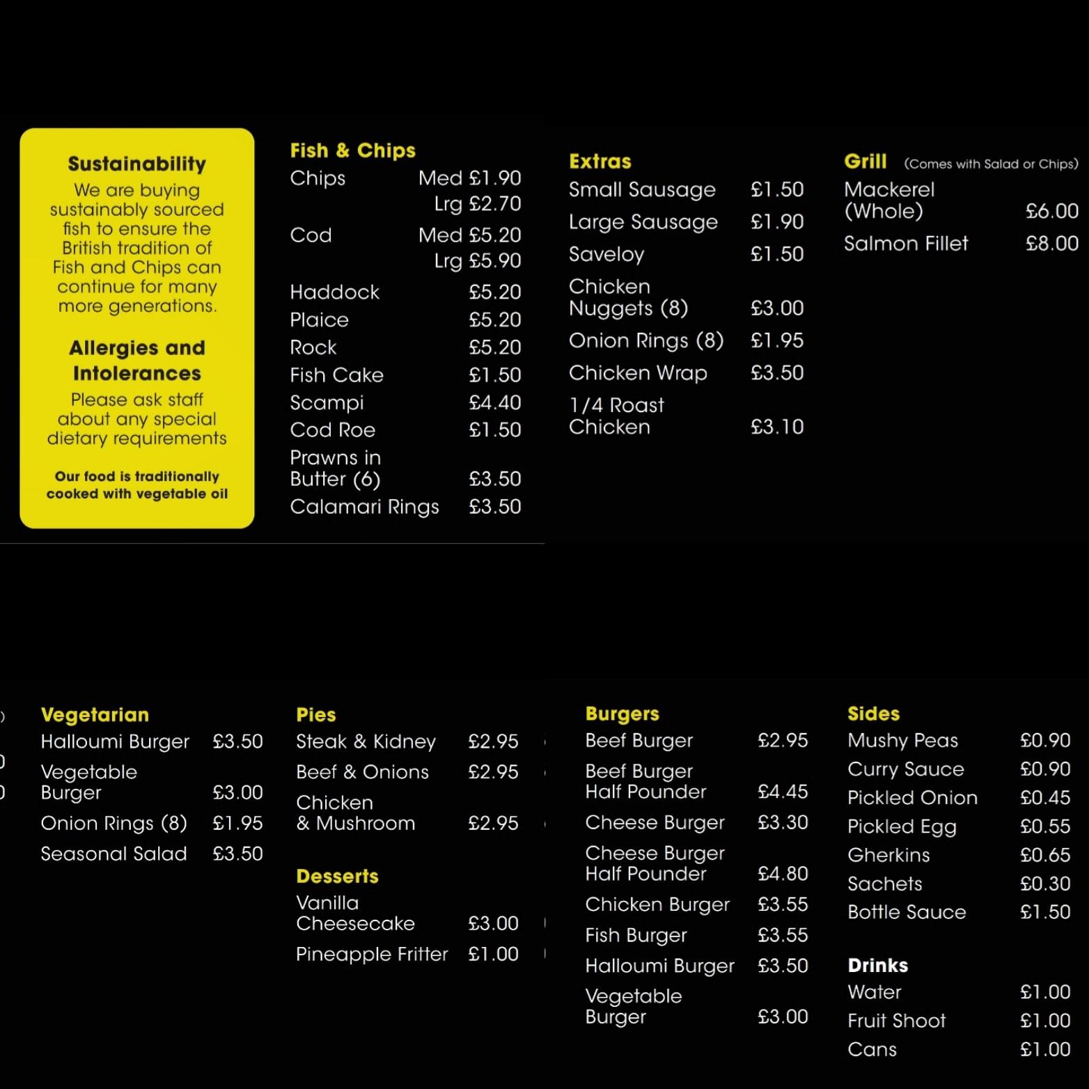 Menu at The Trawlerman Fish Bar, Saffron Walden