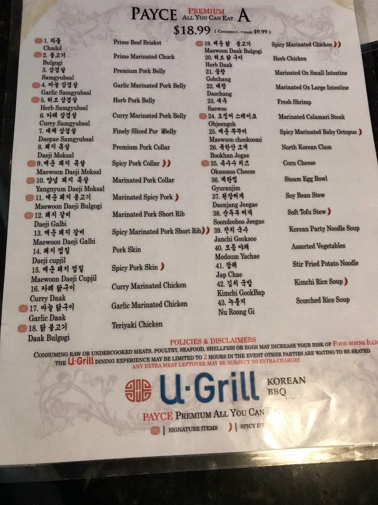 Carta de U Grill Korean BBQ, Rancho Cucamonga, Foothill Blvd