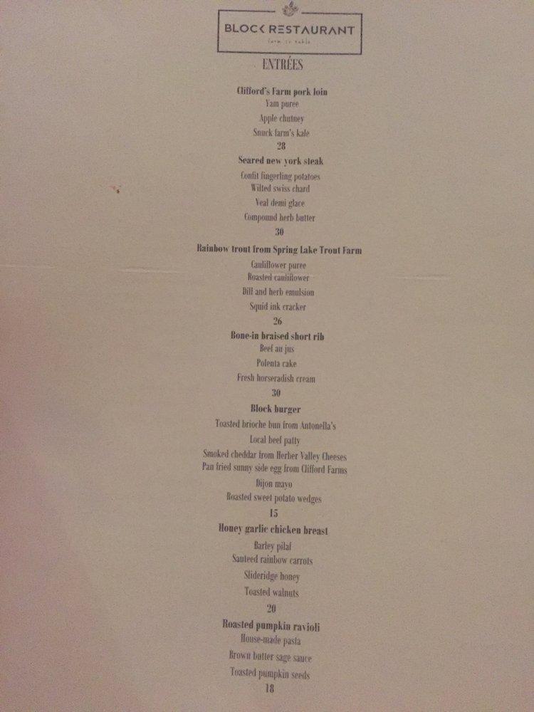 Carta de Block Restaurant, Provo