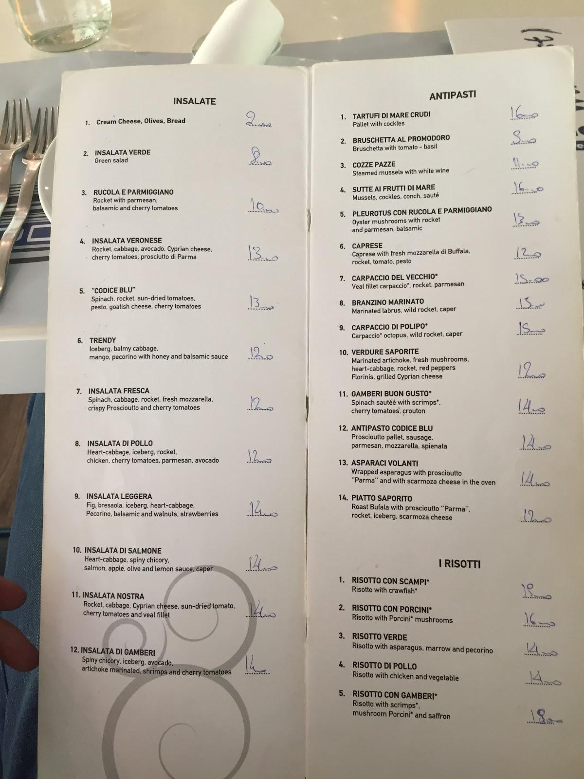 Menu at Codice Blu, Athens, Loukianou 32