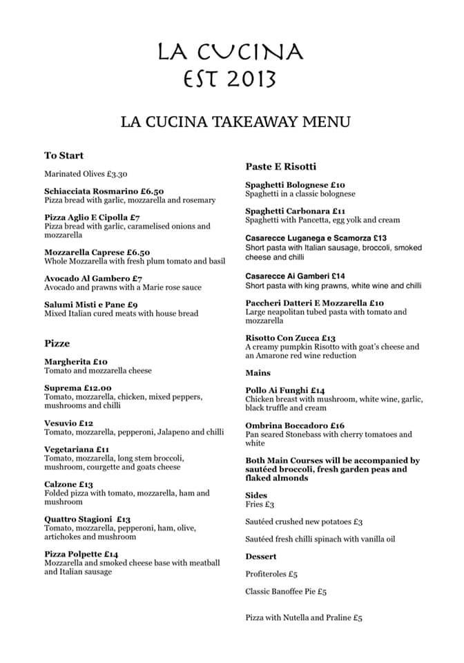 Menu at La Cucina Italian Restaurant, Littlehampton