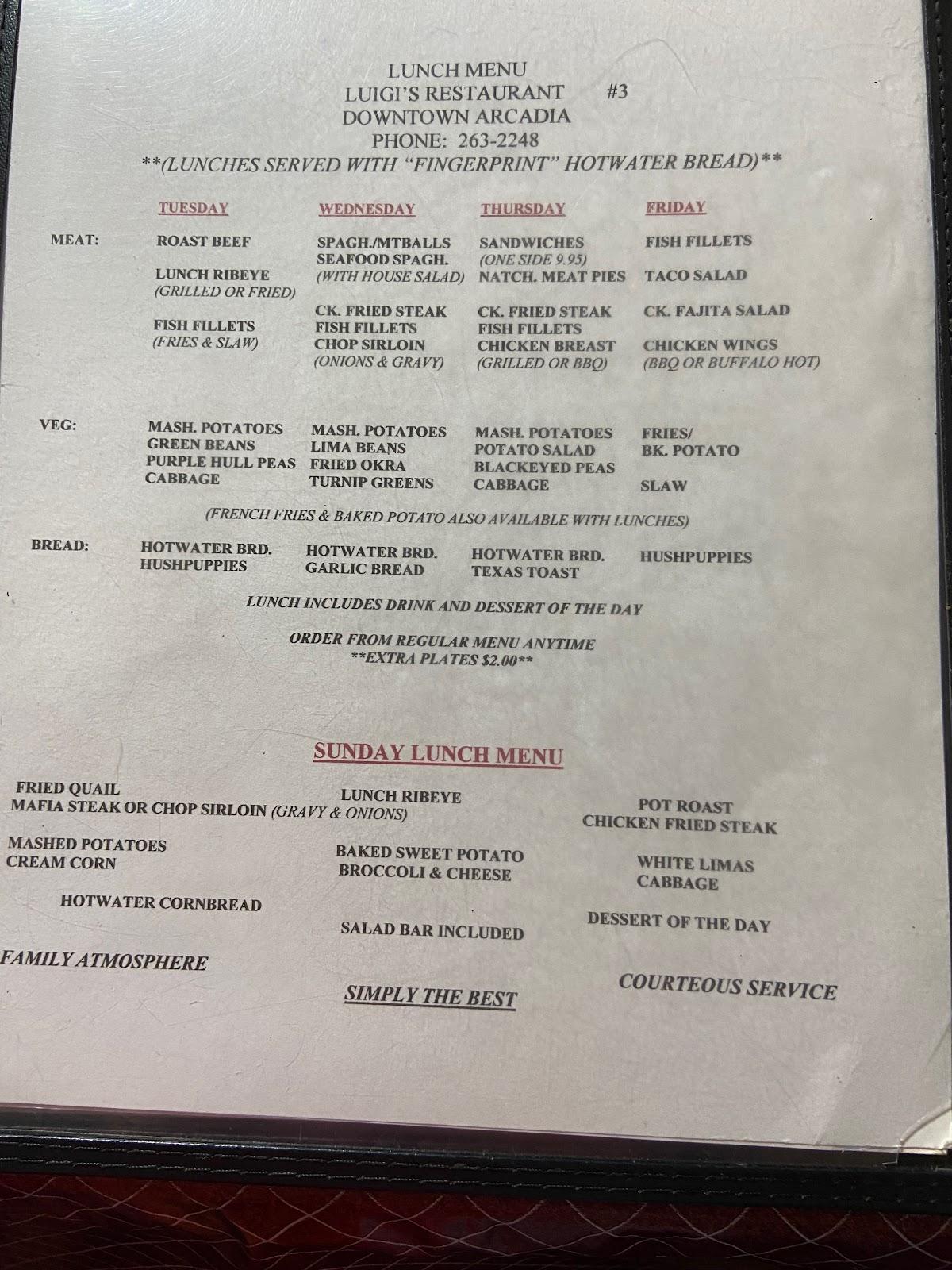 Menu at Luigi's Restaurant, Arcadia, N Railroad Ave