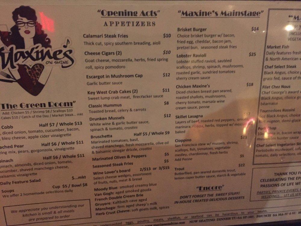 Menu at Maxine's On Shine pub & bar, Orlando