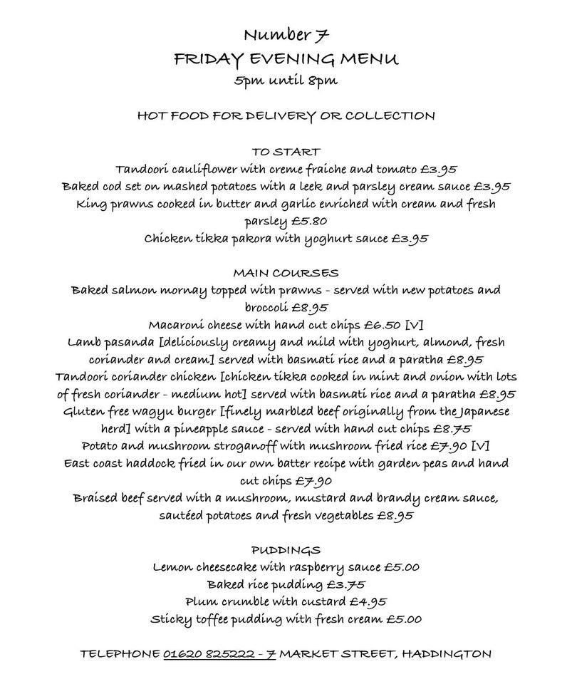Menu at Number 7 restaurant, Haddington