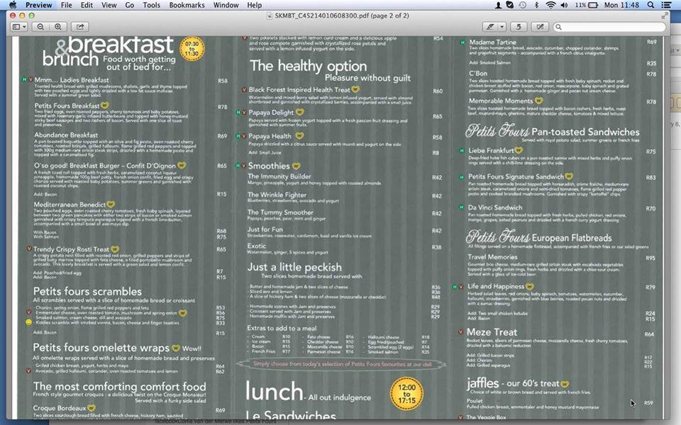 Menu at Petits Fours New York restaurant, Sandton