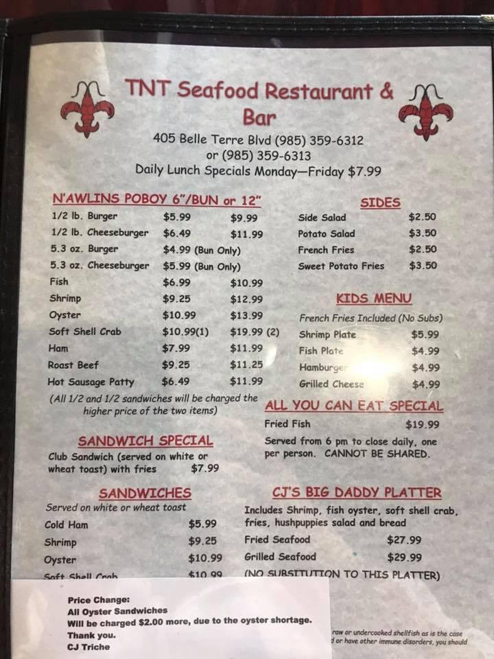 Carta de TNT Seafood Bar, LaPlace