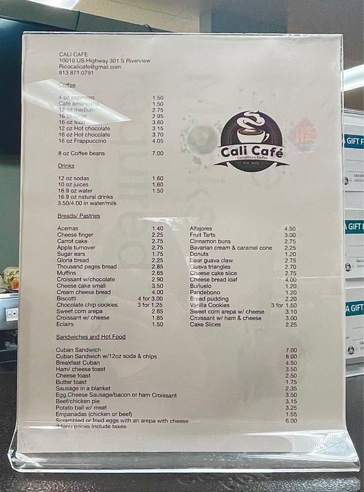 Carta de Cali Cafe, Riverview