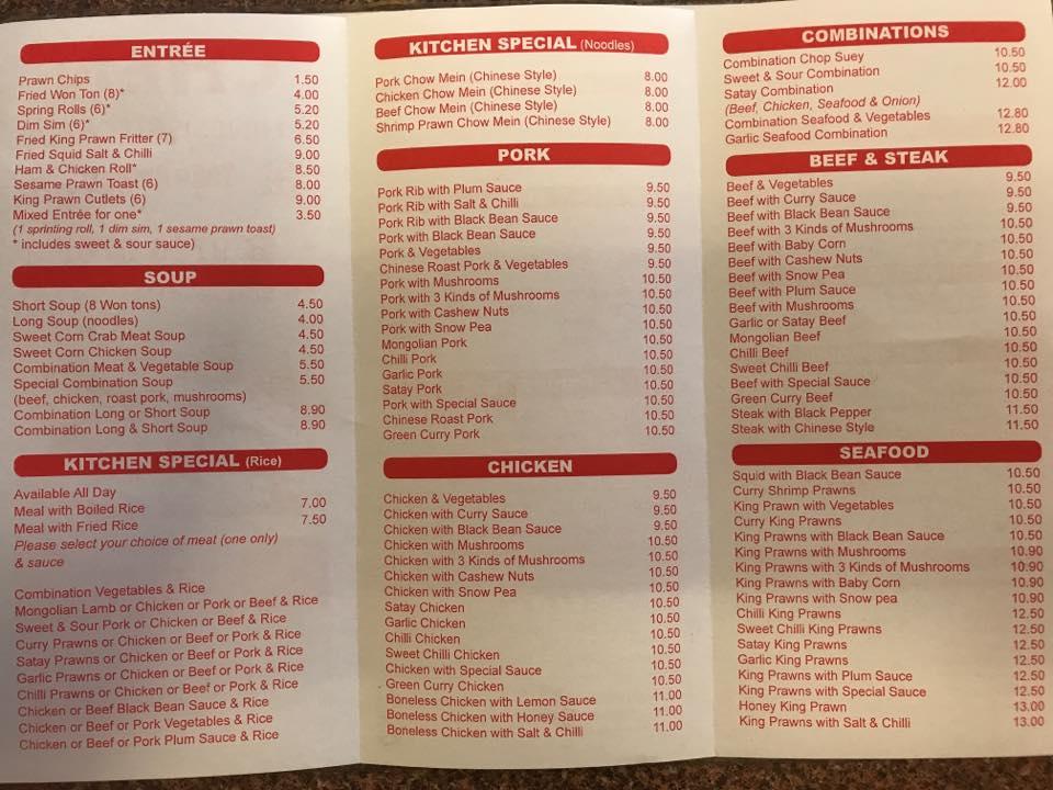 Carta de comida rápida Chen Chinese Kitchen Takeaway, Villawood