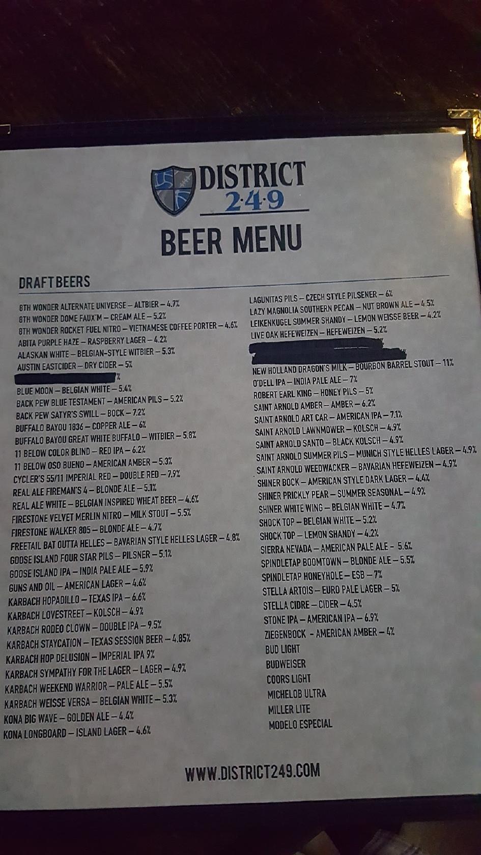 Menu at District 249 Bar & Grill, Tomball