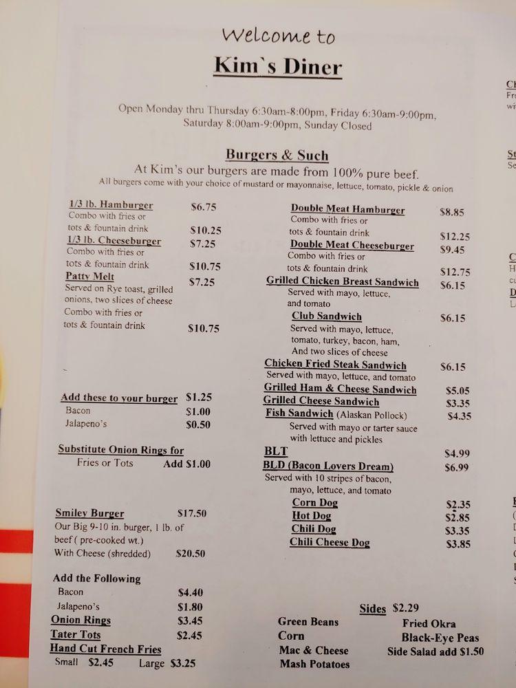 Menu at Kim's Diner cafe, Waco