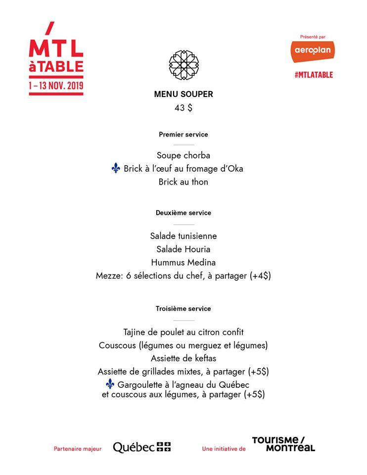 Menu at Medina Restaurant, Montréal