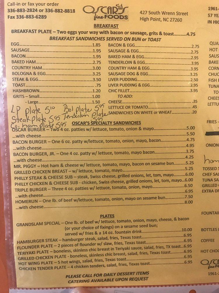 Menu at Oscar's Fine Food restaurant, High Point